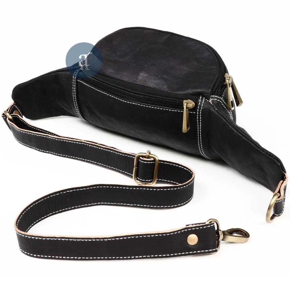 Black Leather Fanny Pack - Crossbody Fanny Pack - Anuent